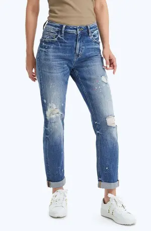 BAYEAS Paint Splatter Ripped High Waist Mom Jeans - Mascara