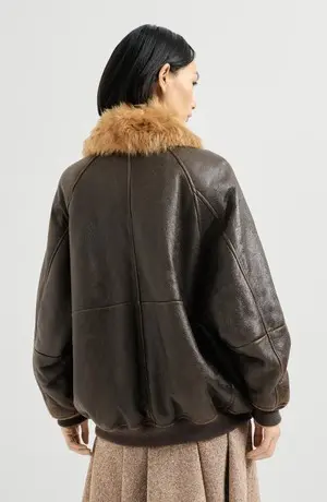 Brunello Cucinelli Vintage-effect Shearling Bomber Jacket With Shiny Zipper Pull - Hazelnut