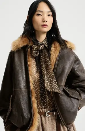 Brunello Cucinelli Vintage-effect Shearling Bomber Jacket With Shiny Zipper Pull - Hazelnut