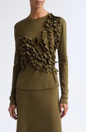 Ulla Johnson Polina Ruffle Wool Jersey Top - Loden
