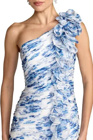 Mac Duggal Petite One-shoulder Floral Chiffon Gown With 3d Ruffles - Blue Multi