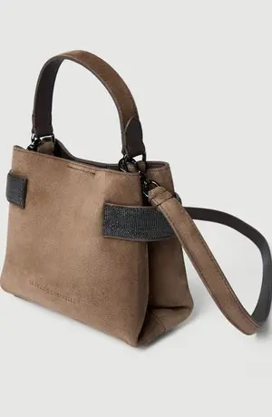 Brunello Cucinelli Essence Small Top-handle Bag In Suede With Precious Bands - Brown
