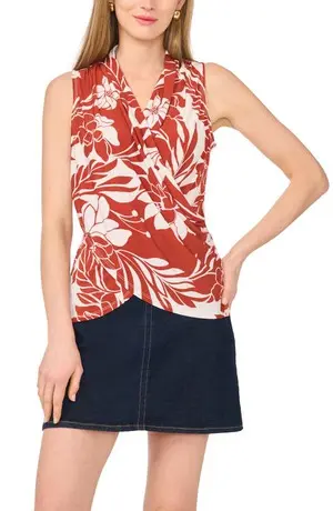 Vince Camuto Floral Print Crossover Front Jersey Top - Rust