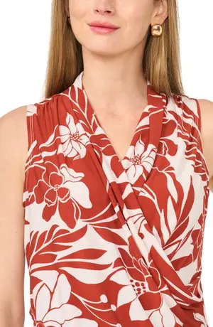 Vince Camuto Floral Print Crossover Front Jersey Top