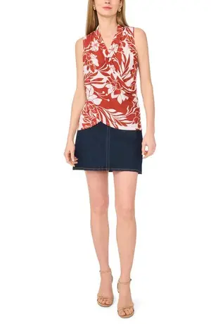 Vince Camuto Floral Print Crossover Front Jersey Top