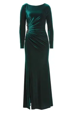 Eliza J Side Ruched Long Sleeve Velvet Gown - Hunter