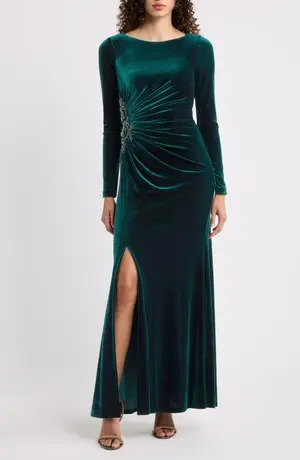 Eliza J Side Ruched Long Sleeve Velvet Gown - Hunter