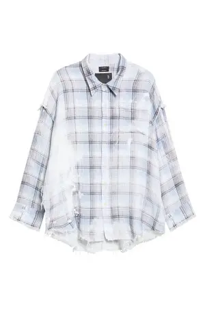 R13 Shredded Seam Drop Neck Plaid Flannel Button-up Shirt - Blue Bleached Plaid