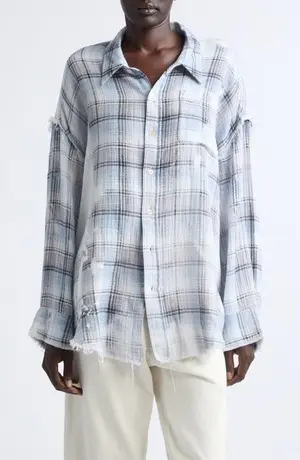R13 Shredded Seam Drop Neck Plaid Flannel Button-up Shirt - Blue Bleached Plaid