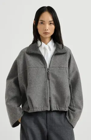 Brunello Cucinelli Hand-crafted Bomber Jacket In Virgin Wool Double Cloth With Shiny Zipper Pull - Dark Grey