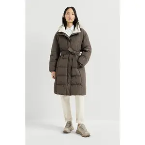 Brunello Cucinelli Techno Cotton Taffeta Down Coat With Shearling Inserts And Shiny Zipper Pull
