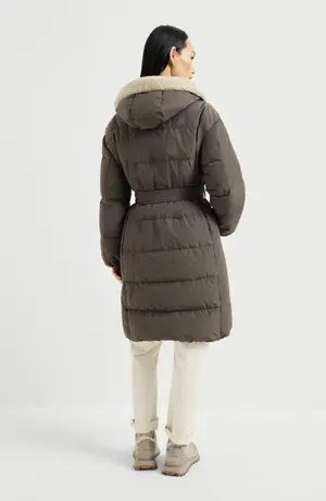 Brunello Cucinelli Techno Cotton Taffeta Down Coat With Shearling Inserts And Shiny Zipper Pull