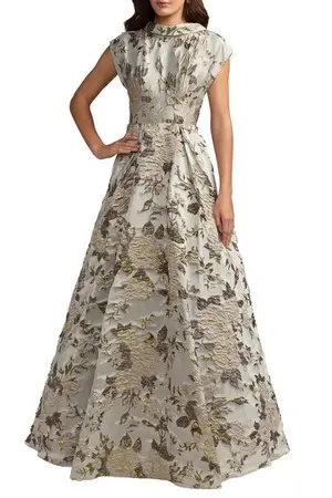 Mac Duggal Floral Mock Neck Brocade Cap Sleeve Ball Gown - Platinum Multi
