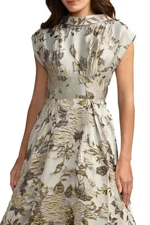Mac Duggal Floral Mock Neck Brocade Cap Sleeve Ball Gown