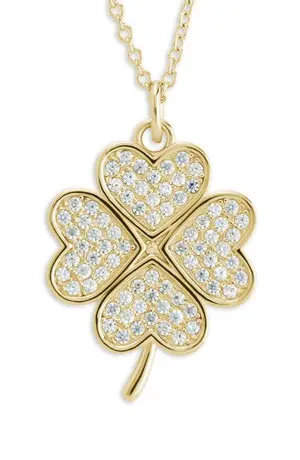 Sterling Forever Pav Cubic Zirconia Shamrock Pendant Necklace - Gold