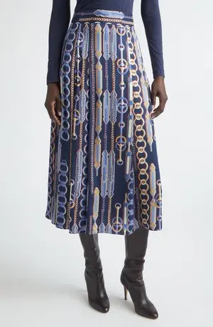 St. John Heritage Chain Bridle Print Pleated Midi Skirt - Midnight Multi