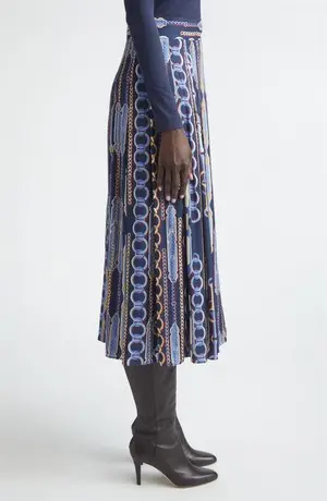 St. John Heritage Chain Bridle Print Pleated Midi Skirt