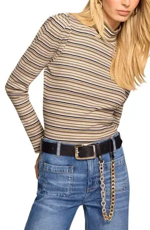 Ramy Brook Yvonne Striped Mock Neck Top - Bone Stripe