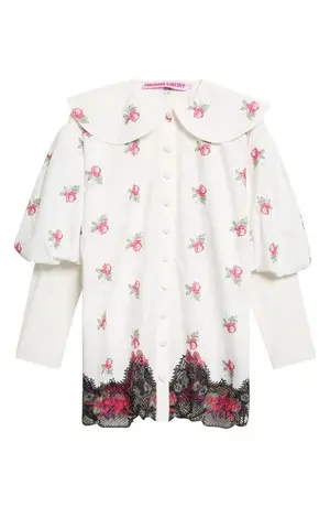 CHOPOVA LOWENA Pick-ups Lace Trim Floral Cotton Shirt - White Multi