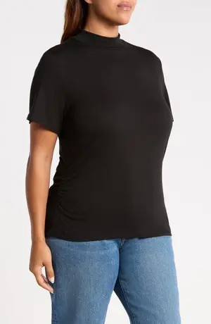 CITY BLUES Mock Neck Short Sleeve Top With Shirring