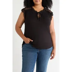 Loveappella Tie Neck Ruffle Top - Black