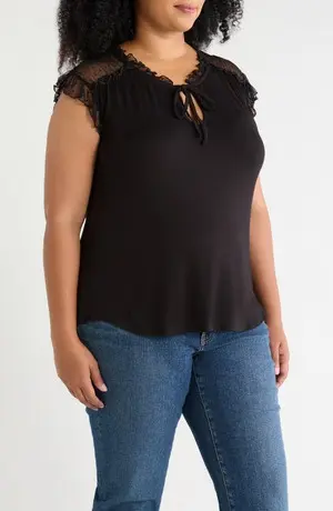 Loveappella Tie Neck Ruffle Top - Black