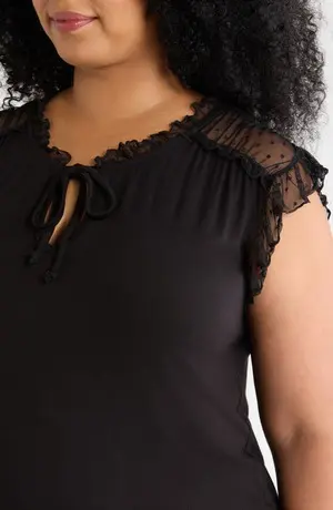 Loveappella Tie Neck Ruffle Top - Black