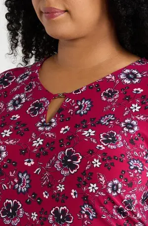 Jones New York Floral V-neck Knit Top - Berry Red Multi