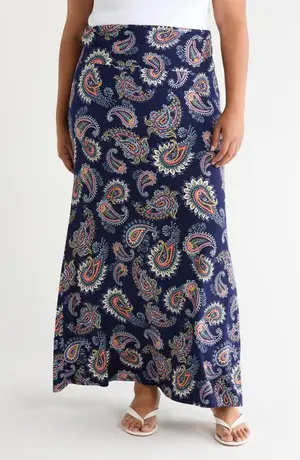 Loveappella Printed Maxi Skirt - Navy