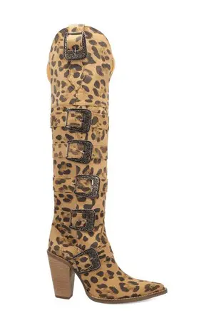DINGO Buckled Print Leather Western Boots - Leopard