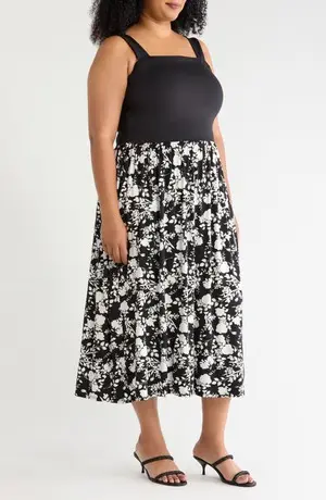 Loveappella Floral Print Square Neck Strap Dress