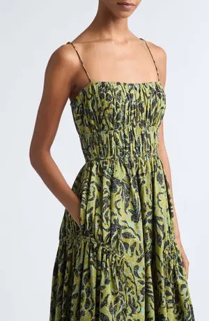 Ulla Johnson Vidri Printed Cotton Midi Dress - Chartreuse