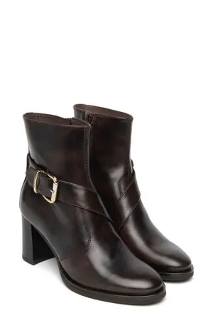 NEROGIARDINI Leather Ankle Strap Block Heel Booties - Chocolate