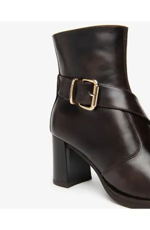 NEROGIARDINI Leather Ankle Strap Block Heel Booties - Chocolate