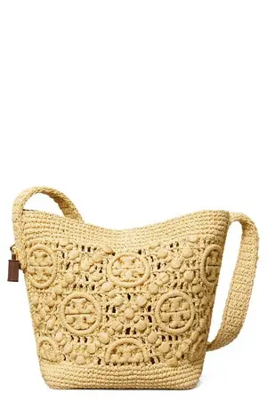 Tory Burch Lock T Monogram Crochet Slim Straw Shoulder Bag - Natural