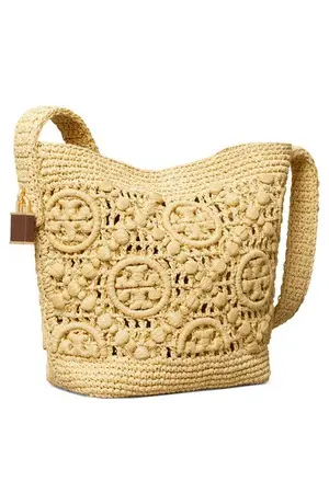Tory Burch Lock T Monogram Crochet Slim Straw Shoulder Bag