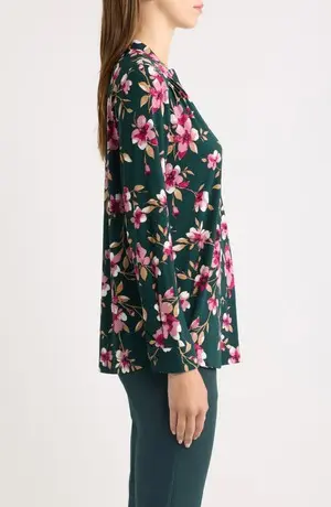 Anne Klein Printed Notched V-neck Long Sleeve Top