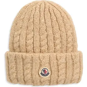 Moncler Cable Stitch Logo Patch Alpaca & Wool Blend Beanie - Beige