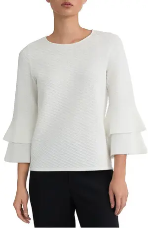 KASPER Textured Ruffle Sleeve Top - Vanilla Ice