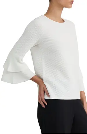 KASPER Textured Ruffle Sleeve Top - Vanilla Ice