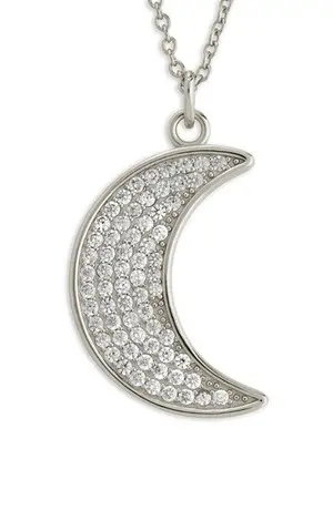 Sterling Forever Pav Cubic Zirconia Crescent Moon Pendant Necklace - Silver