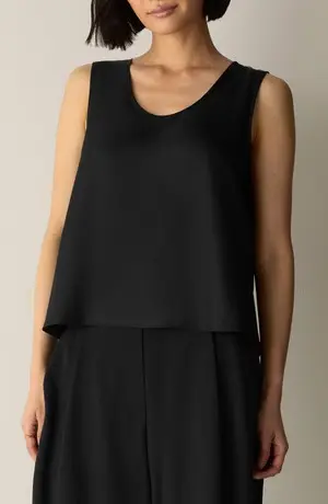 Eileen Fisher Scoop Neck Silk Tank - Black
