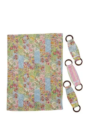 MODERN PRAIRIE Garden Collage Patchwork Tea Towel + Set Of 3 Wooden Loop Hangers - Green