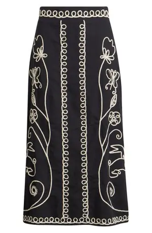 CLEOBELLA Sorina Embroidered Cotton & Linen Midi Skirt