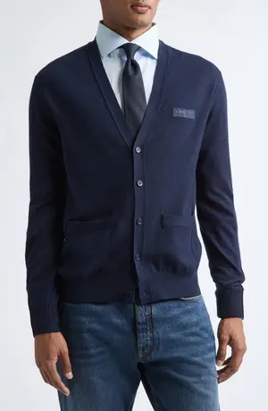 Givenchy V-neck Wool Cardigan With Embroidered Logo - Night Blue