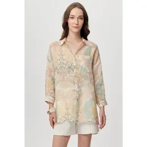 EXQUISE Aron Shirt Collar Long Sleeve Printed Ramie Shirt - Multi Color