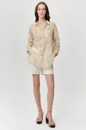 EXQUISE Aron Shirt Collar Long Sleeve Printed Ramie Shirt