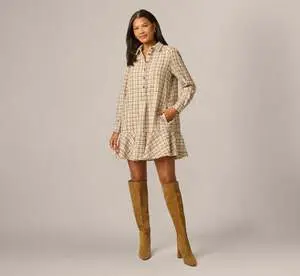 Adrianna Papell Long Sleeve Tweed Short Hailey Dress - Parchment