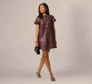 Adrianna Papell Faux Leather Short Sleeve Shift Dress - Black Cherry