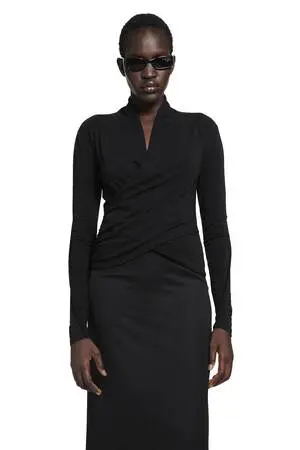 THOM KROM Stretch Cotton Modal Wrap Top - Black